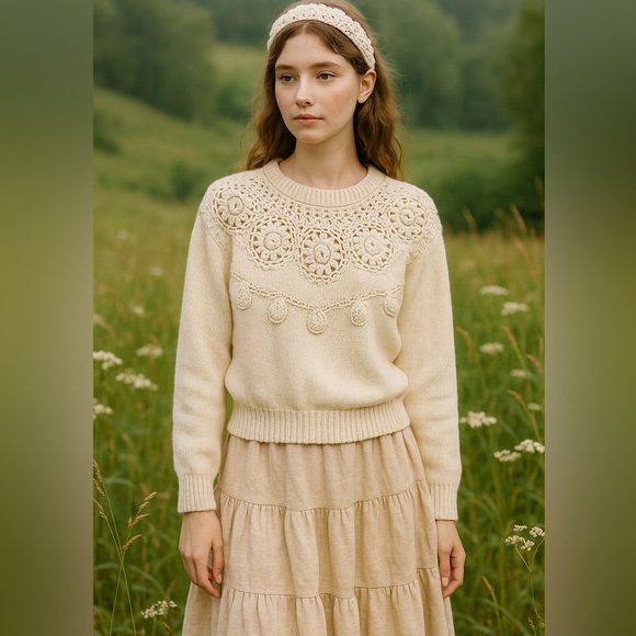 Laura Winston | Sweaters | Laura Winton Crochet Floral Yoke Sweater ...